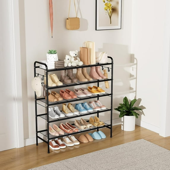 5 Tier Shoe Rack 33" Wide Metal Shoe Organizer Long Shoe Storage with 4 ...