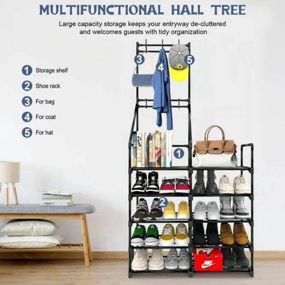 5-Tier Shoe Rack, Freestanding Coat Rack and Shoe Rack, Holds 25-30 ...
