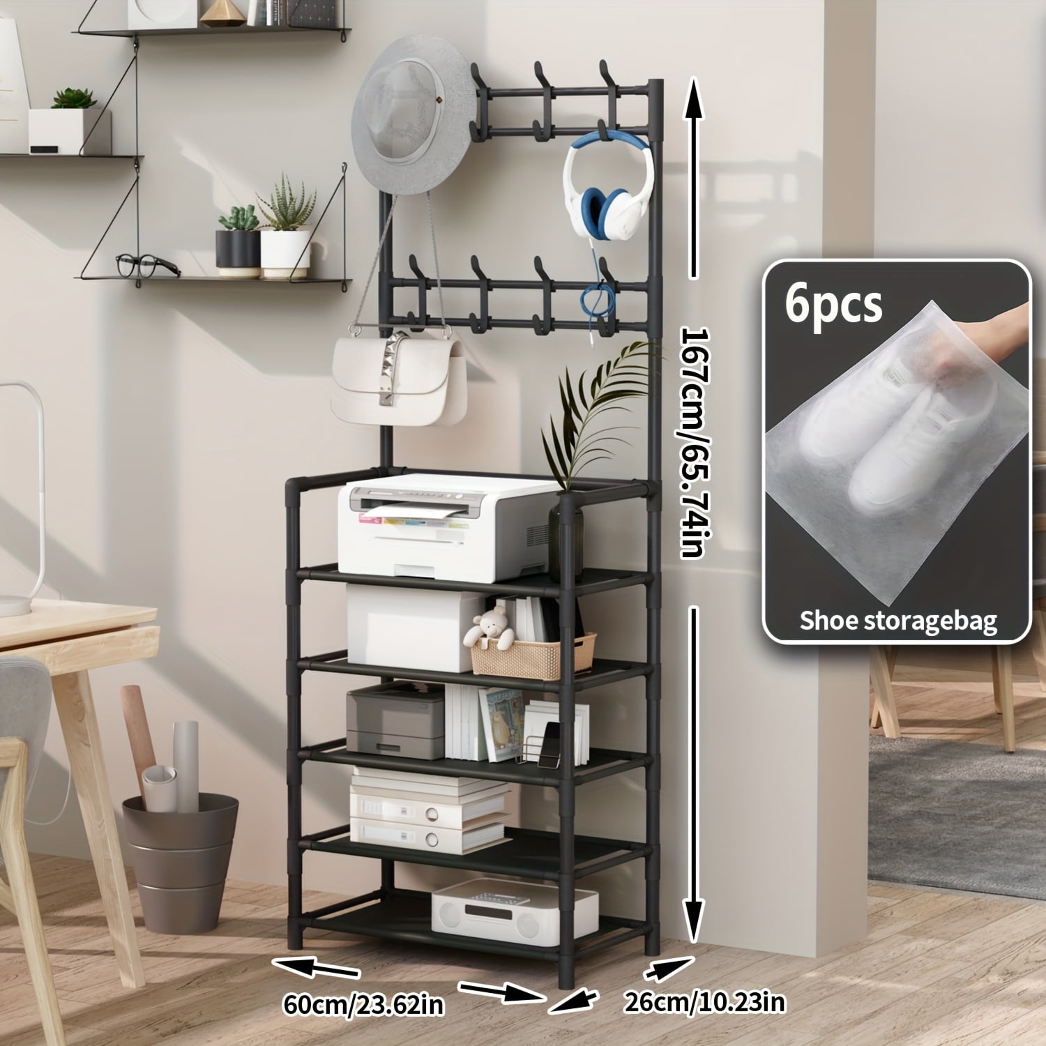 5-Tier Shoe Rack with 8 Hooks & 6 Shoe Bags, Metal Storage Shelf ...