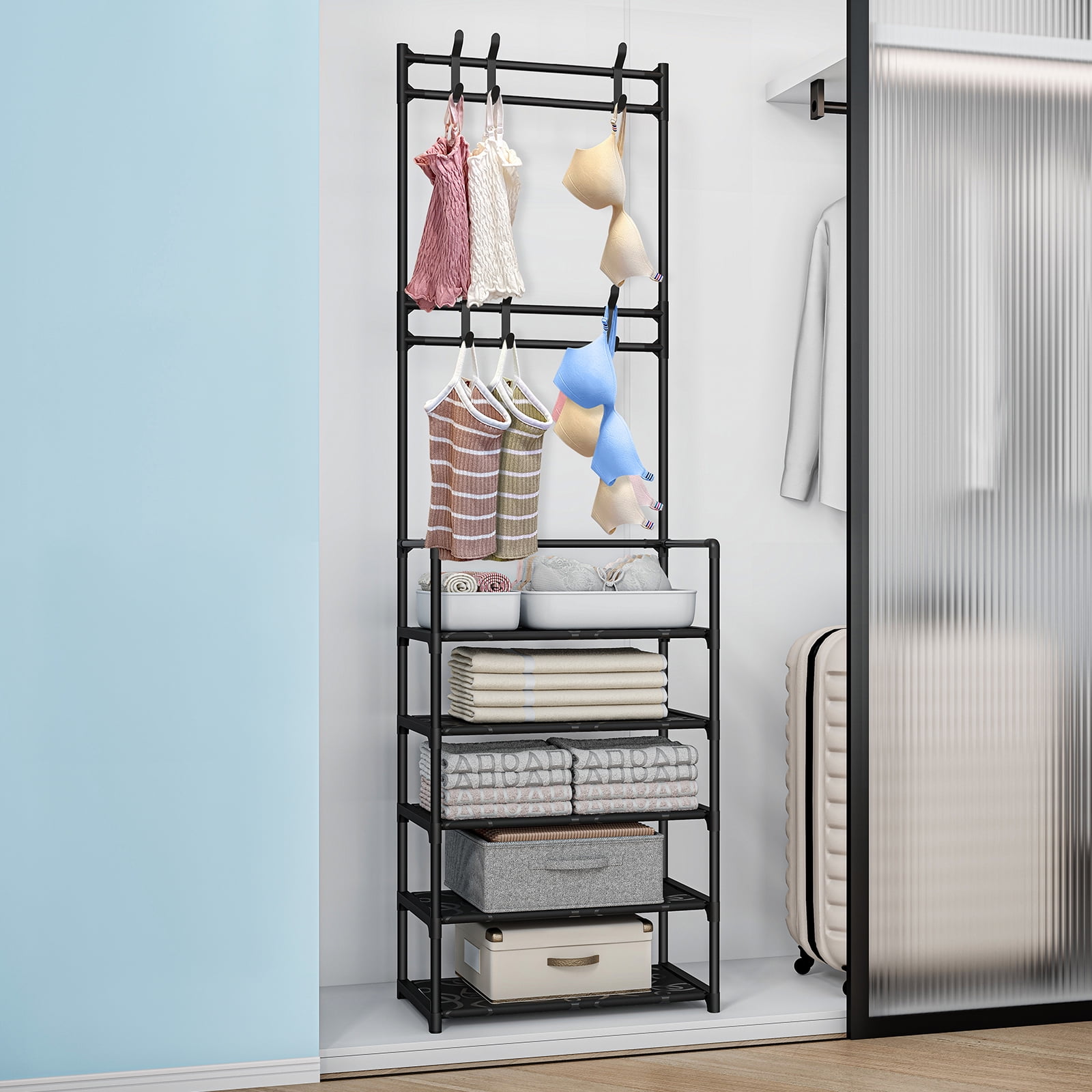 2 in 1 Shoe Rack Coat Rack, 5 Tier Adjustable Shoe Shelf with 6 ...
