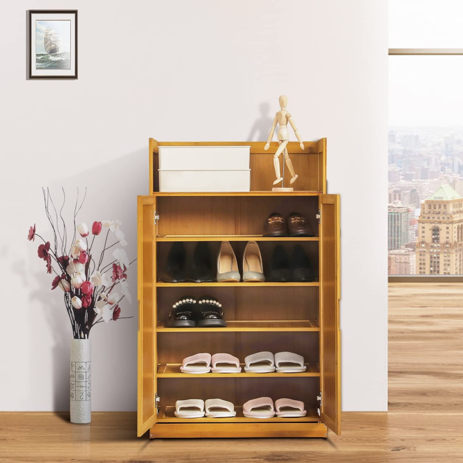 5 Tier Shoe Storage Cabinet, Bamboo Multifunctional Organizer Rack with ...