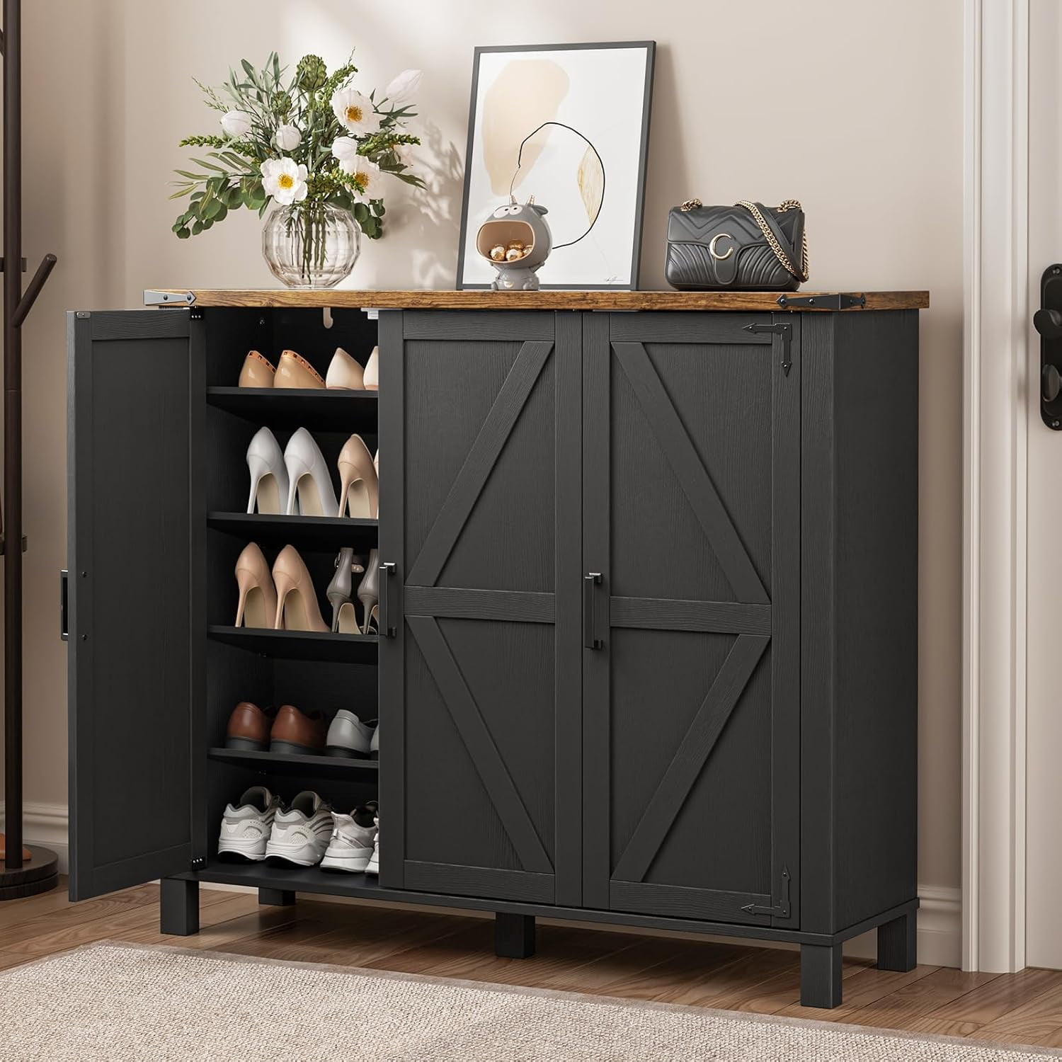 5-Tier Shoe Storage Cabinet, Farmhouse Shoe Rack Organizer Cabinet with ...