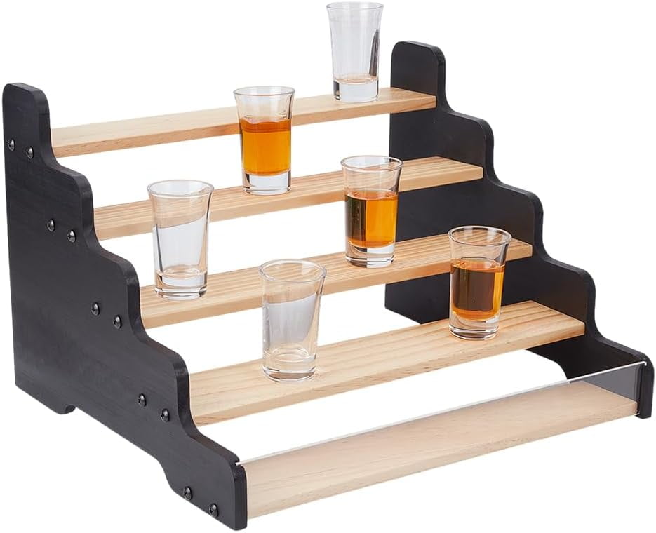 5-Tier Shot Glass Display Rack Wooden Liquor Shelf with Acrylic Baffle ...