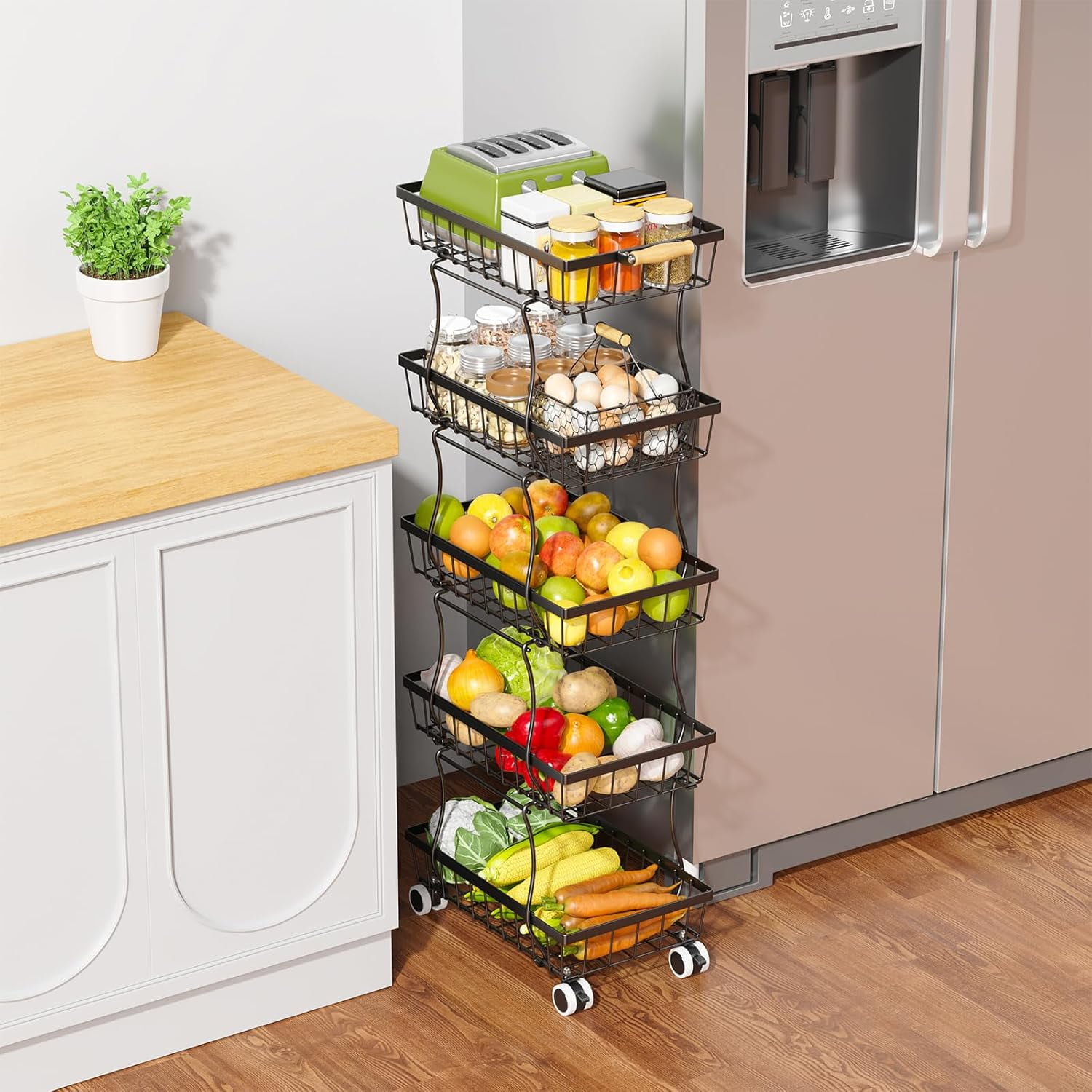 5 Tier Slim Fruit Basket for Kitchen, Stackable Wire Fruit Vegetable ...