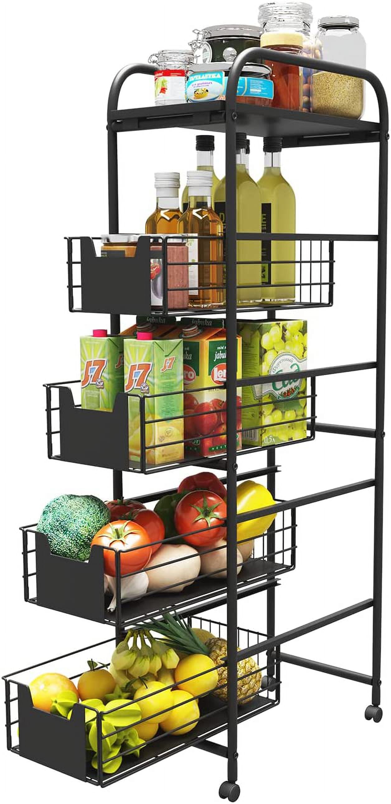 5 Tier Slim Rolling Cart with Drawers Pull-Out Design Corner Storage ...