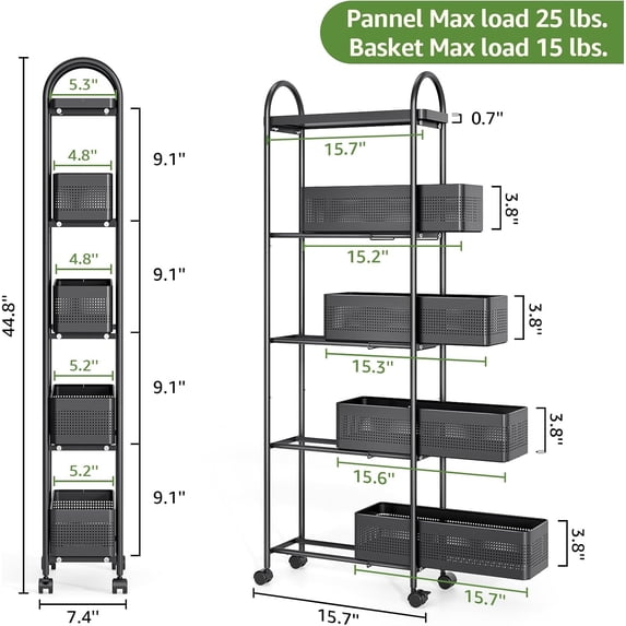 5-Tier Slim Storage Cart with Pull Out Basket, Rolling Bathroom ...