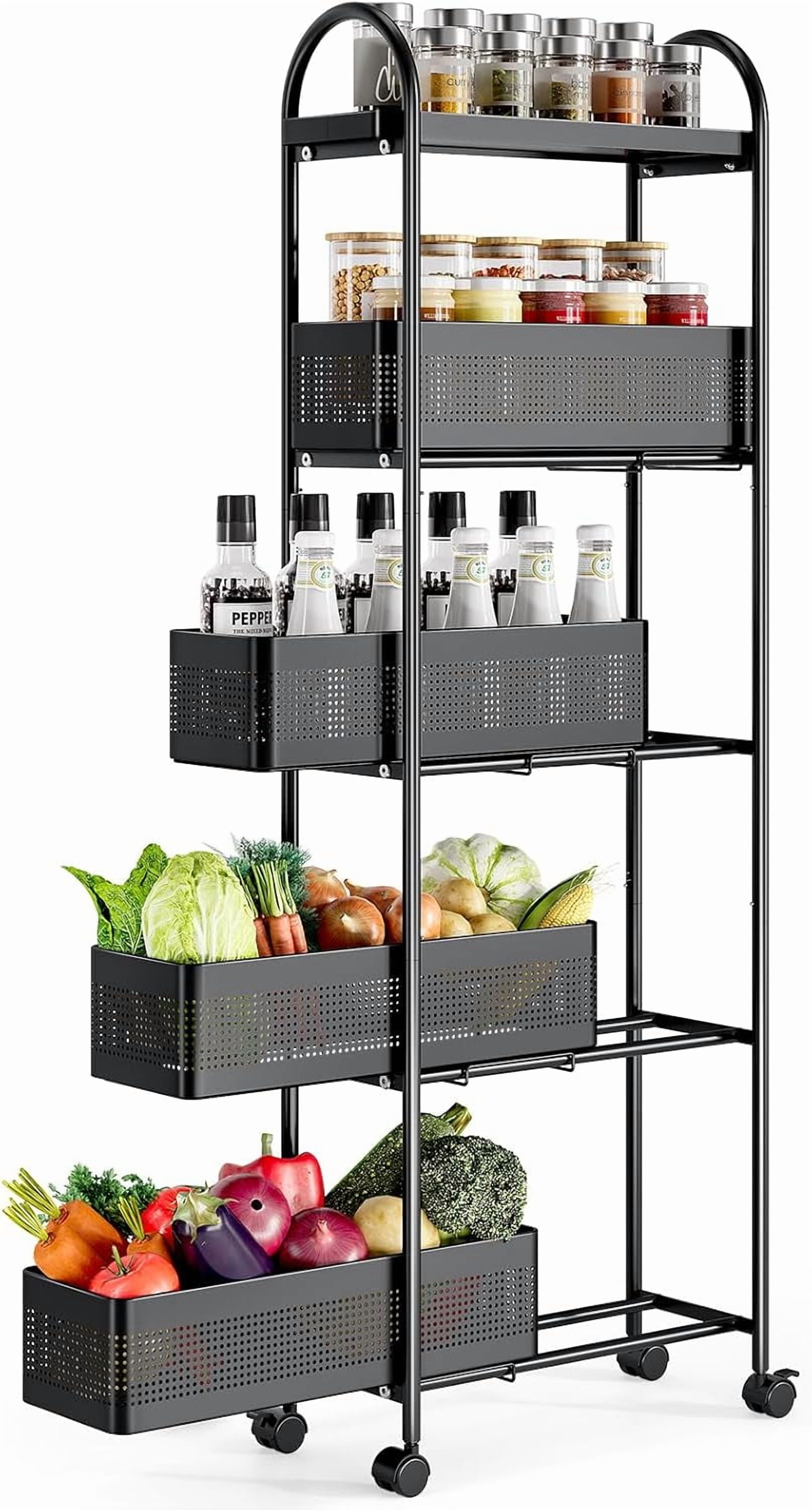 5-Tier Slim Storage Cart with Pull Out Basket, Rolling Bathroom ...