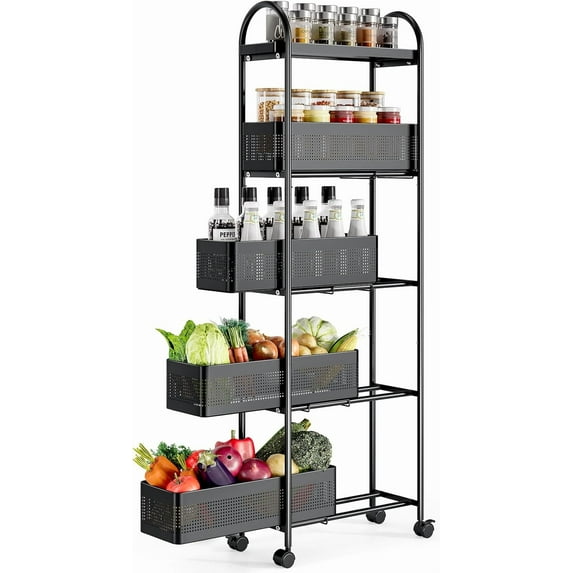 5-Tier Slim Storage Cart with Pull Out Basket, Rolling Bathroom ...