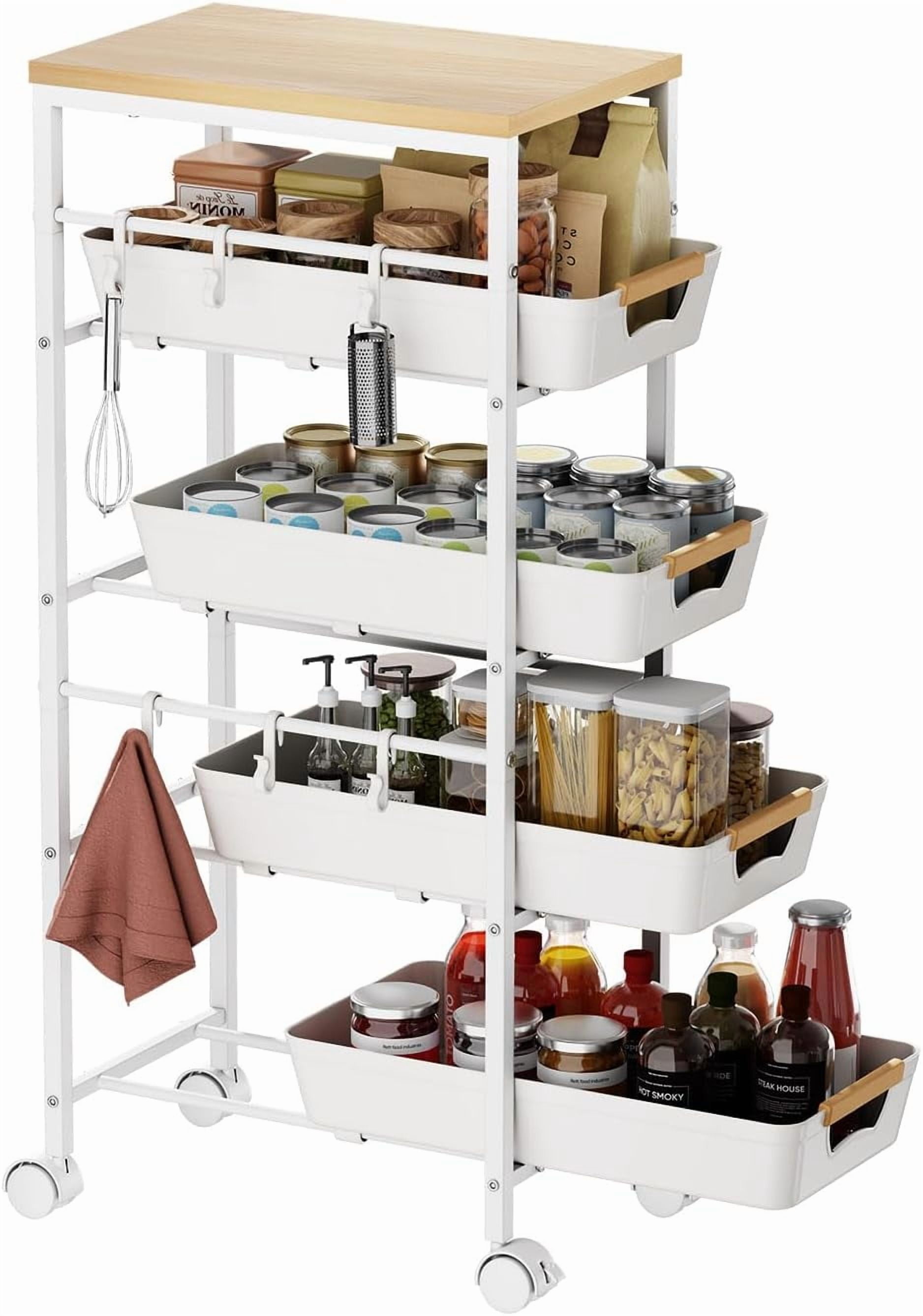 5-Tier Slim Storage Cart, Wooden Top Rolling Kitchen Cart with Pull-Out ...