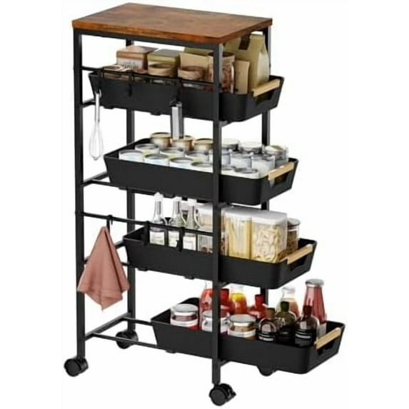 5-Tier Slim Storage Cart, Wooden Top Rolling Kitchen Cart with Pull-Out ...