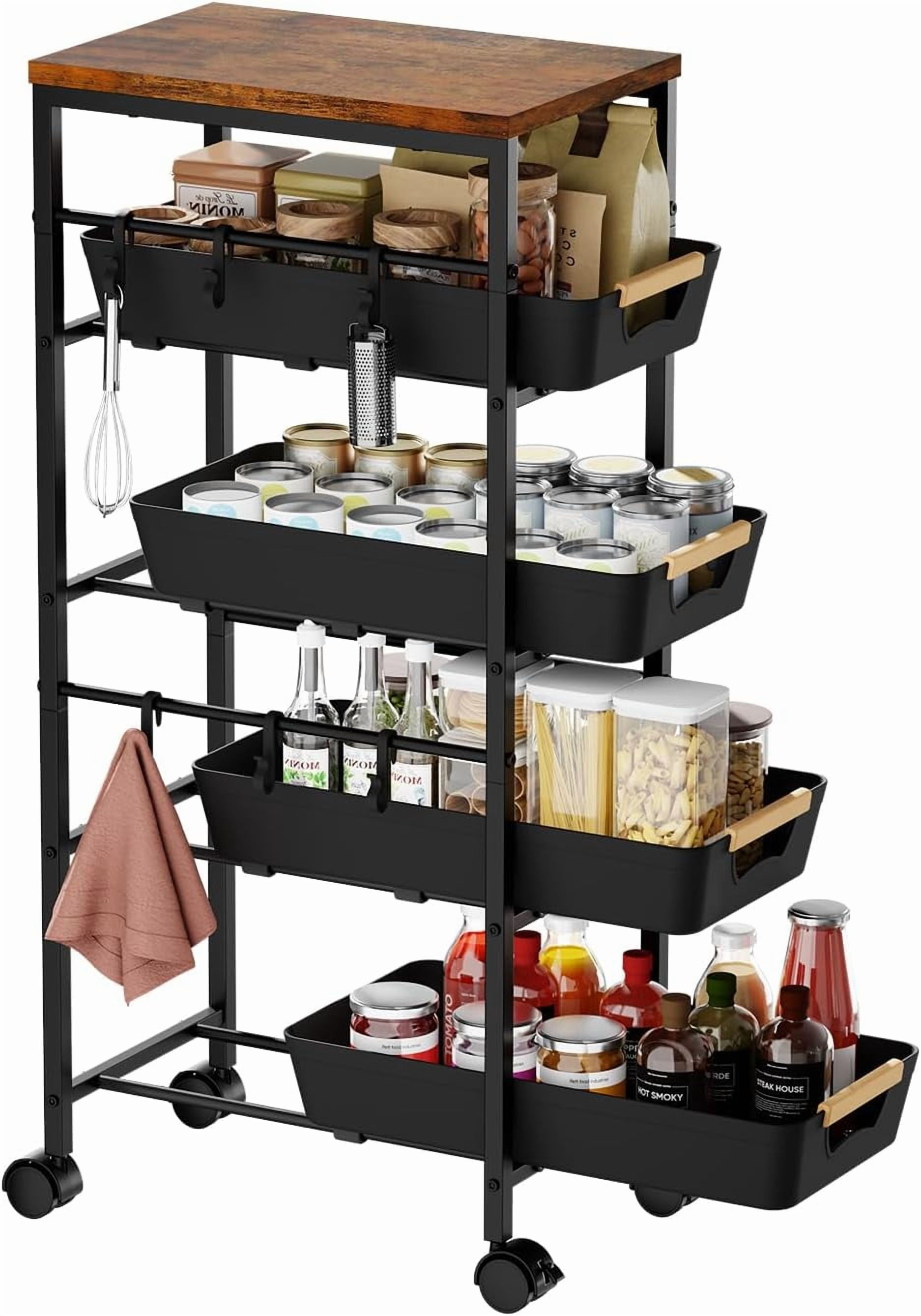 5-Tier Slim Storage Cart, Wooden Top Rolling Kitchen Cart with Pull-Out ...