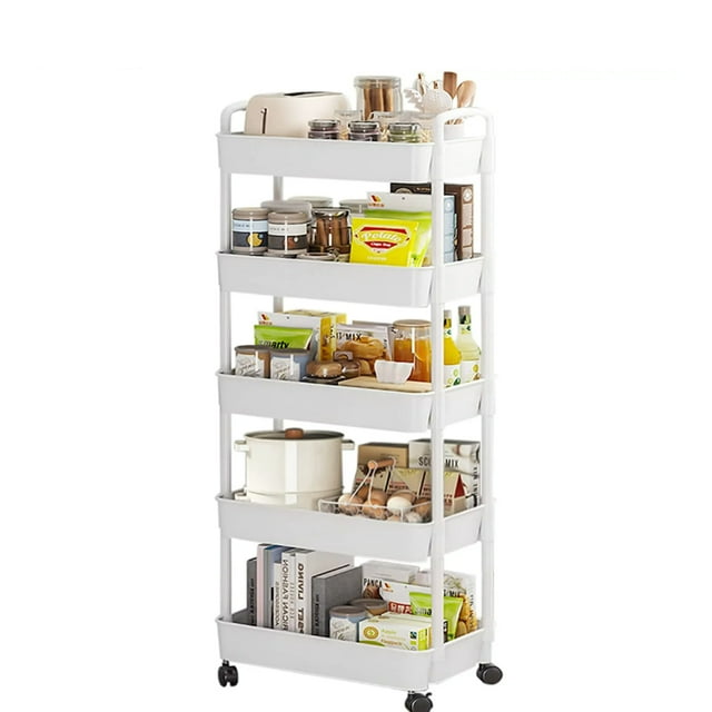 5-Tier Small Storage Shelf Cart with Wheels Kitchen Small Storage Cart ...