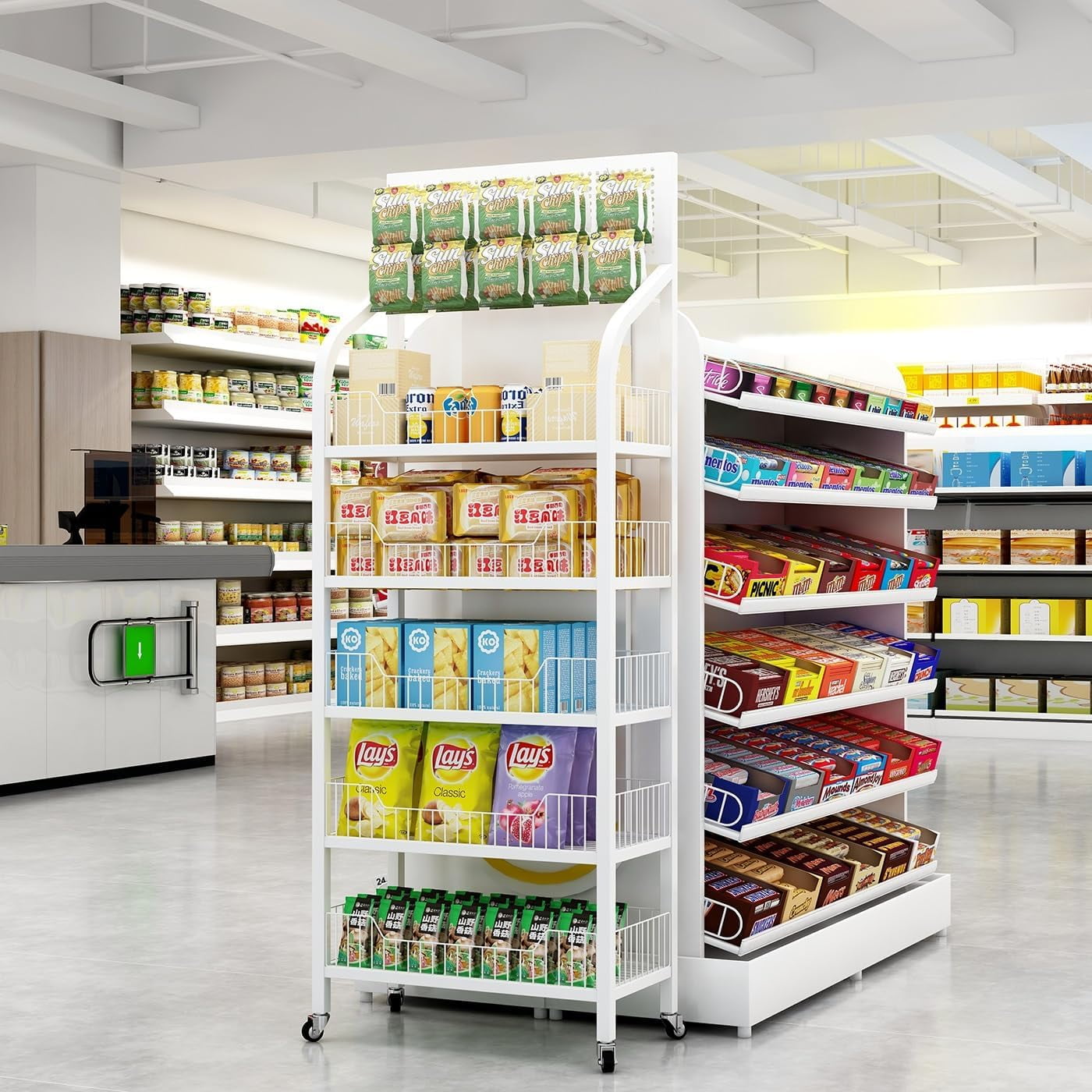 5 Tier Snack Rack Display Stand, Retail Display Shelves with Hooks ...