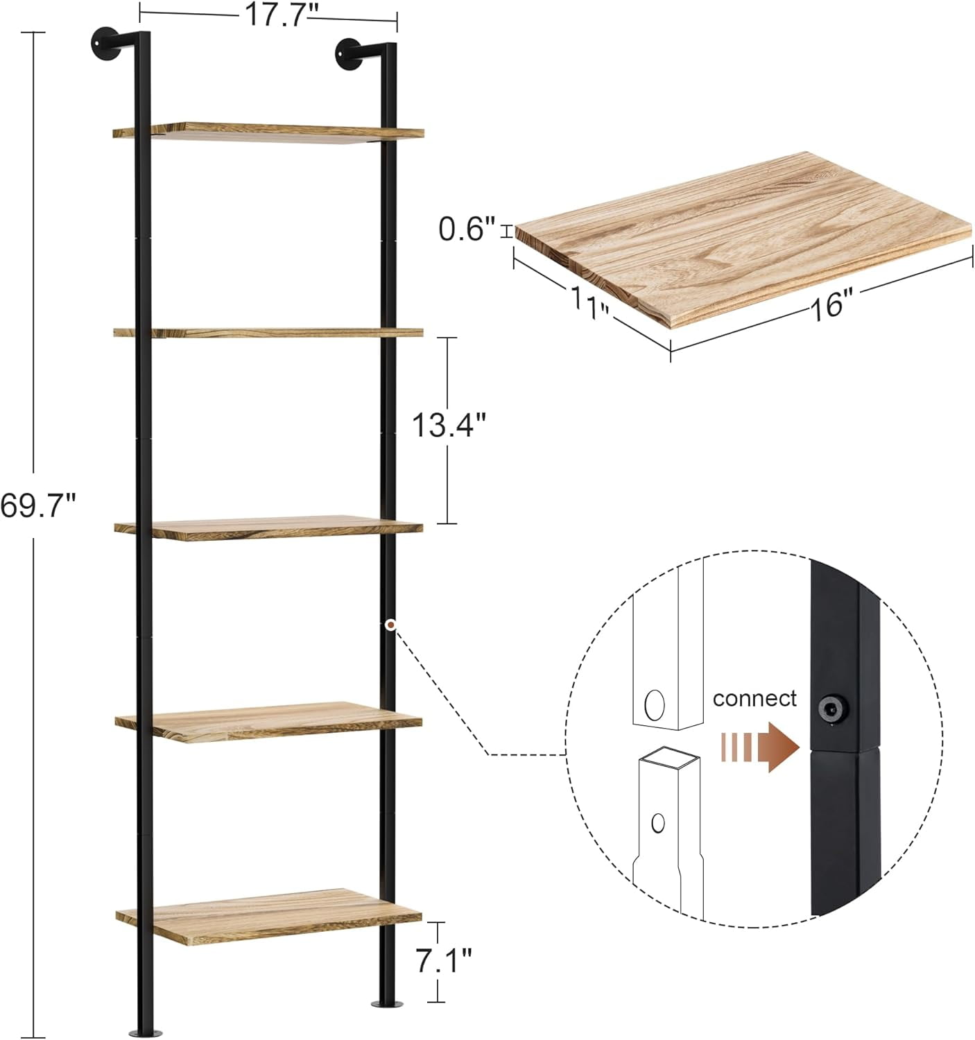 5-Tier Solid Wood Ladder Bookshelf with Metal Frame, Wall Mount Storage ...