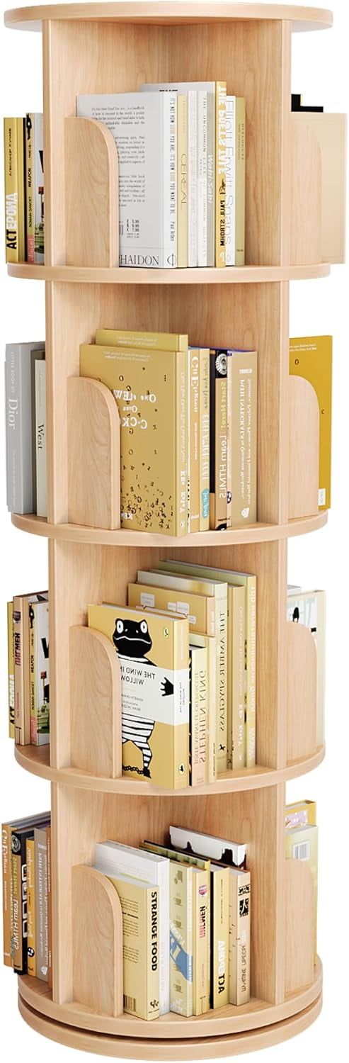 5-Tier Solid Wood Rotating Bookshelf, 360° Spinning Bookcase Tower ...