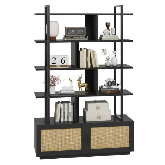 5-Tier Split-Level Bookshelf with Rattan Doors and Storage Cabinet, Tall Wooden Bookcase with 7 ...