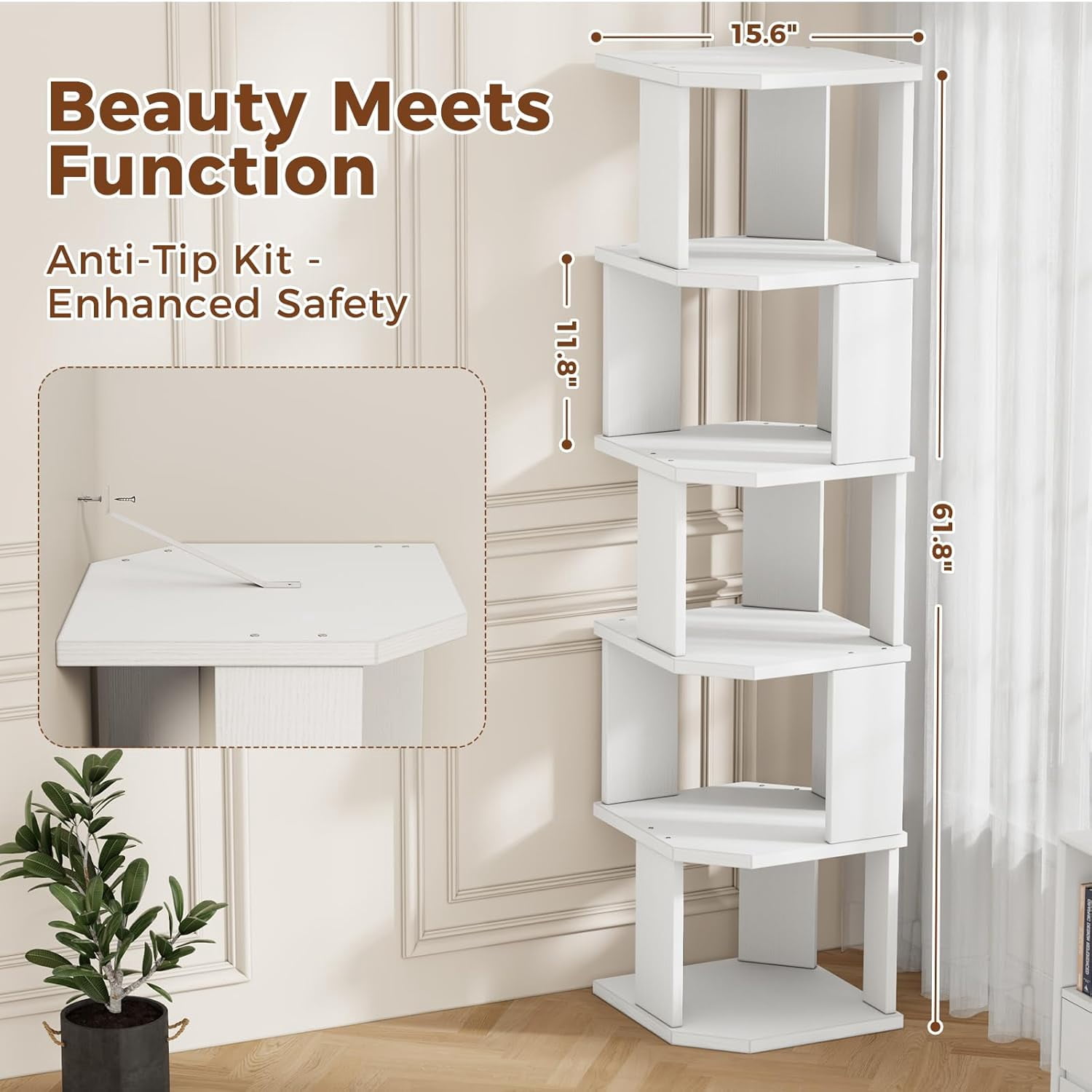 5 Tier Square Bookshelf Tower, Floor Standing Corner Bookshelf Modern ...
