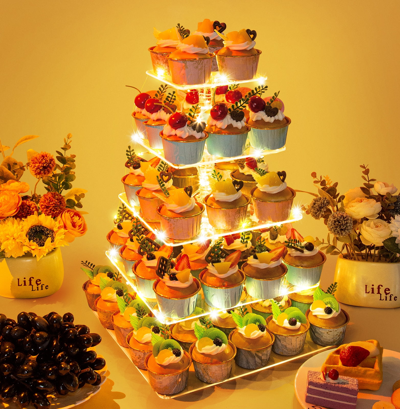 5 Tier Acrylic Cupcake Stand with LED Lights for Wedding Cake Dessert ...