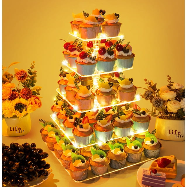 5 Tier Acrylic Cupcake Stand with LED Lights for Wedding Cake Dessert ...