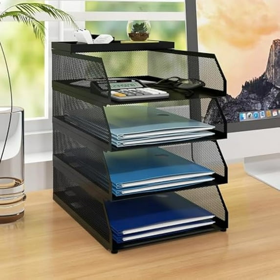 5-Tier Stackable Metal Mesh Desktop Organizer with Sliding Trays & Top ...