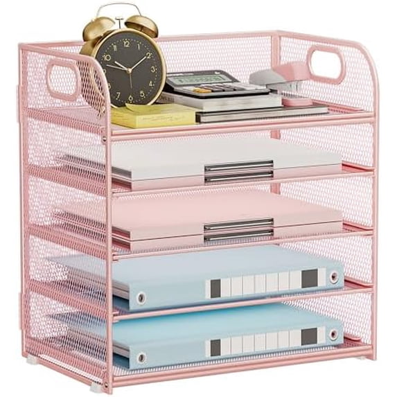 5-Tier Stackable Paper Organizer with Handle, Pink Metal Mesh Letter ...