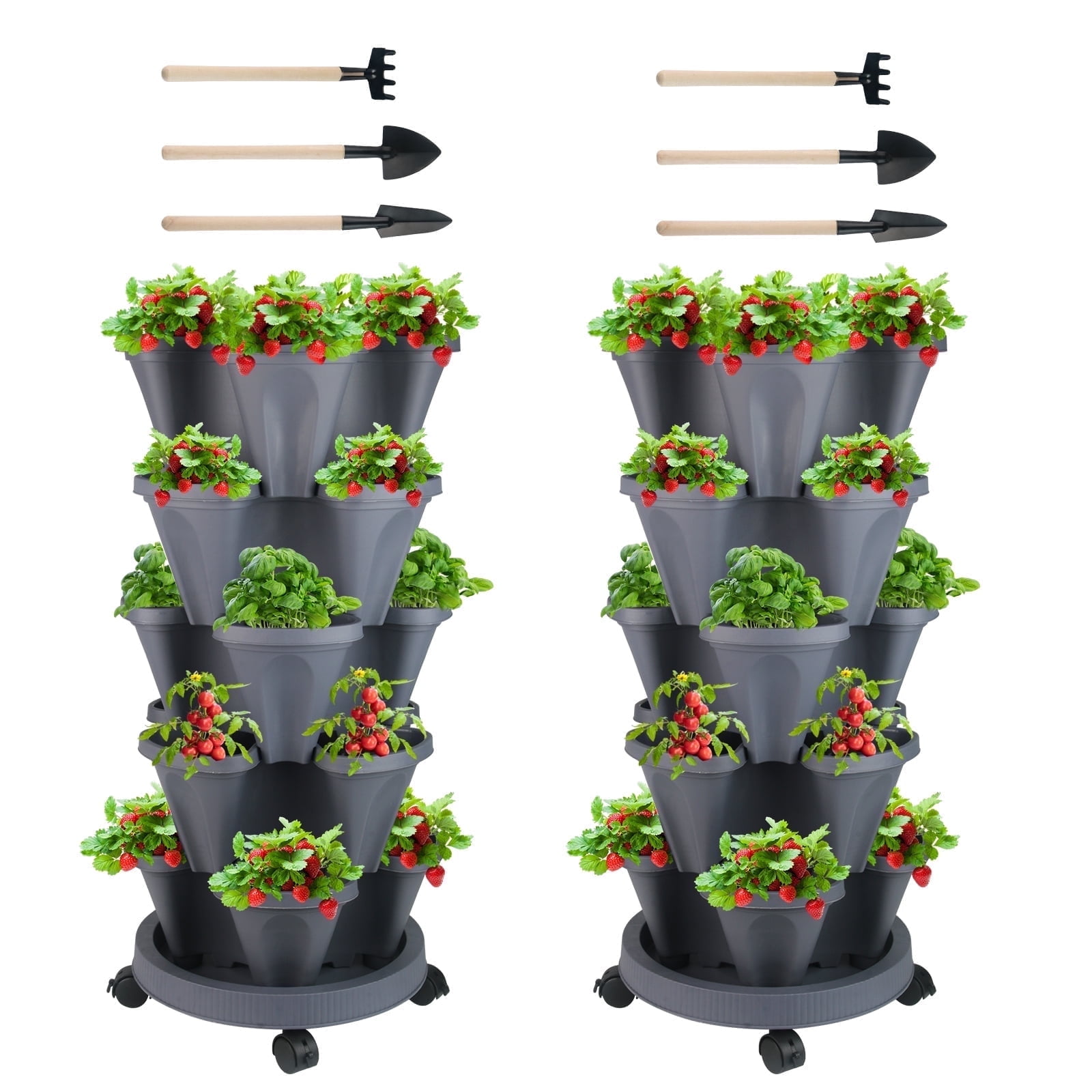 5 Tier Stackable Planter with Wheels, Indoor Outdoor Pots - Vertical ...