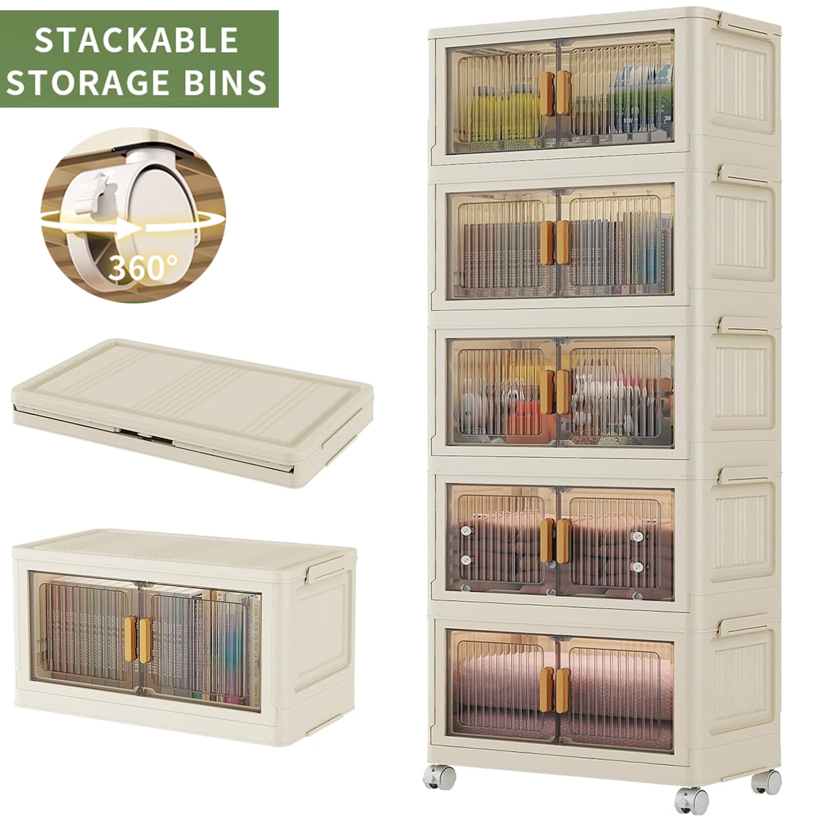 5 Tier Stackable Plastic Storage Bins with Lids, Folding Storage Box ...