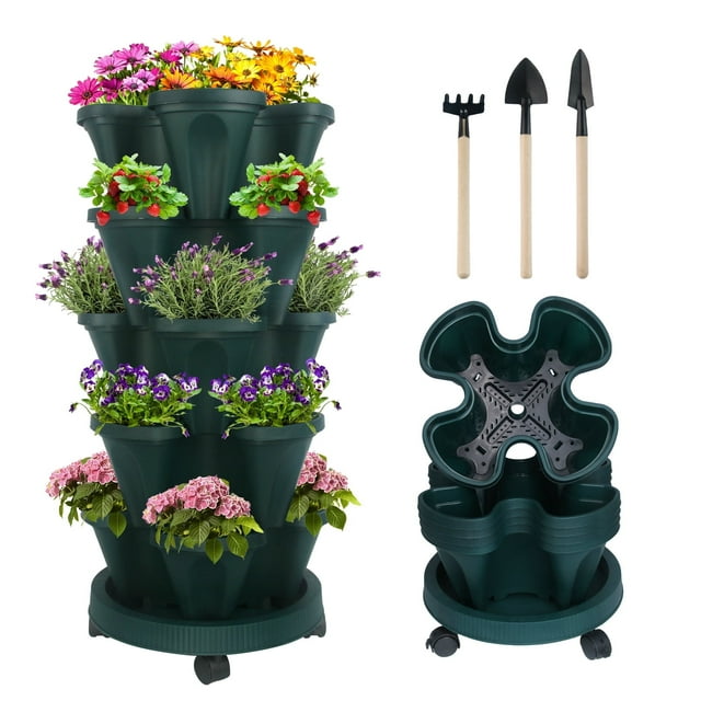5 Tier Stackable Garden Pot, Indoor/Outdoor Rolling Planter for ...