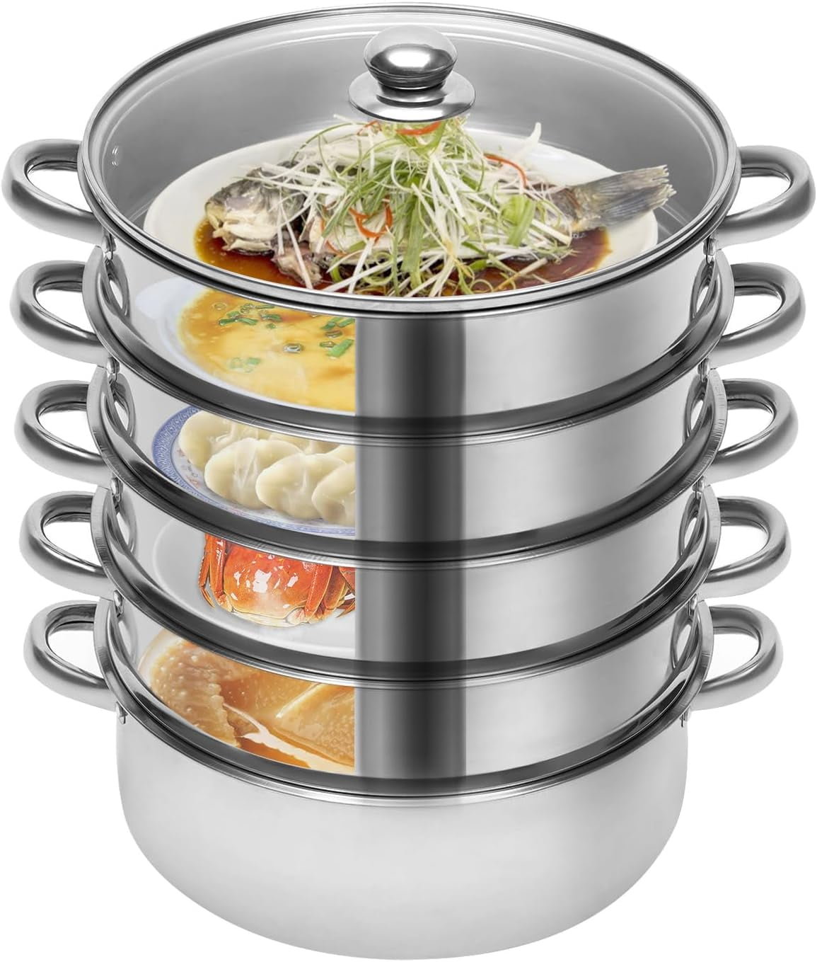 5-Tier Stainless Steel Steamer Cooking Pot, 1 Pan & 4 Steamers Freely ...