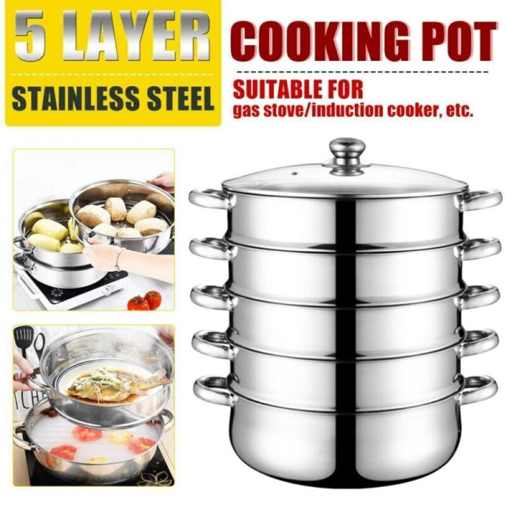 5 Tier Steamer Pot 11 inch Stainless Steel Steaming Cookware with Lid ...