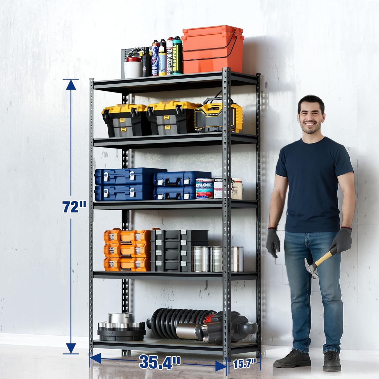 5-Tier Storage Shelf, 72" H Heavy Duty Adjustable Garage Shelving Unit ...