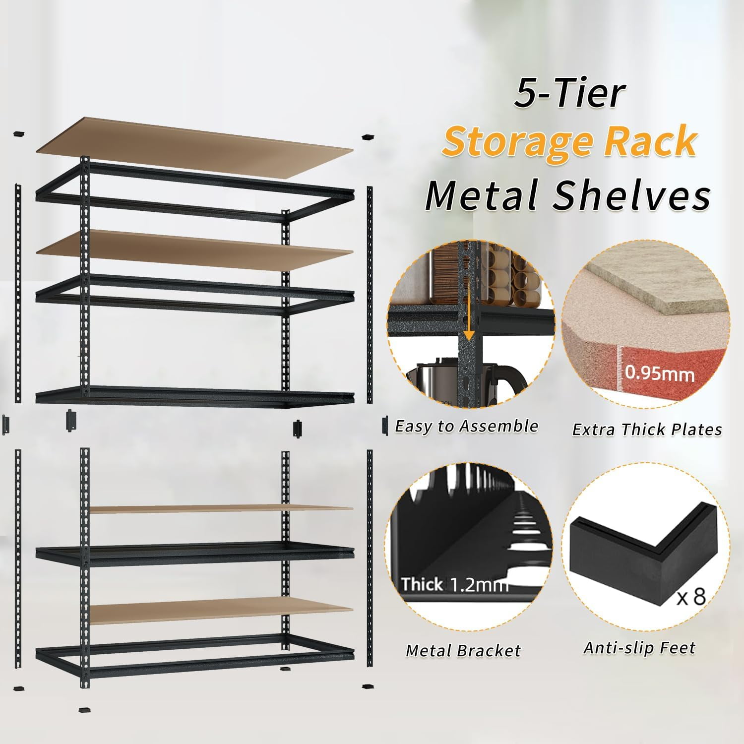 5 Tier Storage Shelf Metal Shelf,Adjustable Heavy Duty Metal Shelves ...