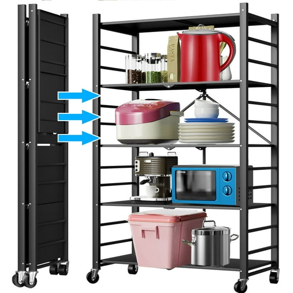 5-Tier Foldable Storage Shelves with Wheels, Folding Metal Rack ...