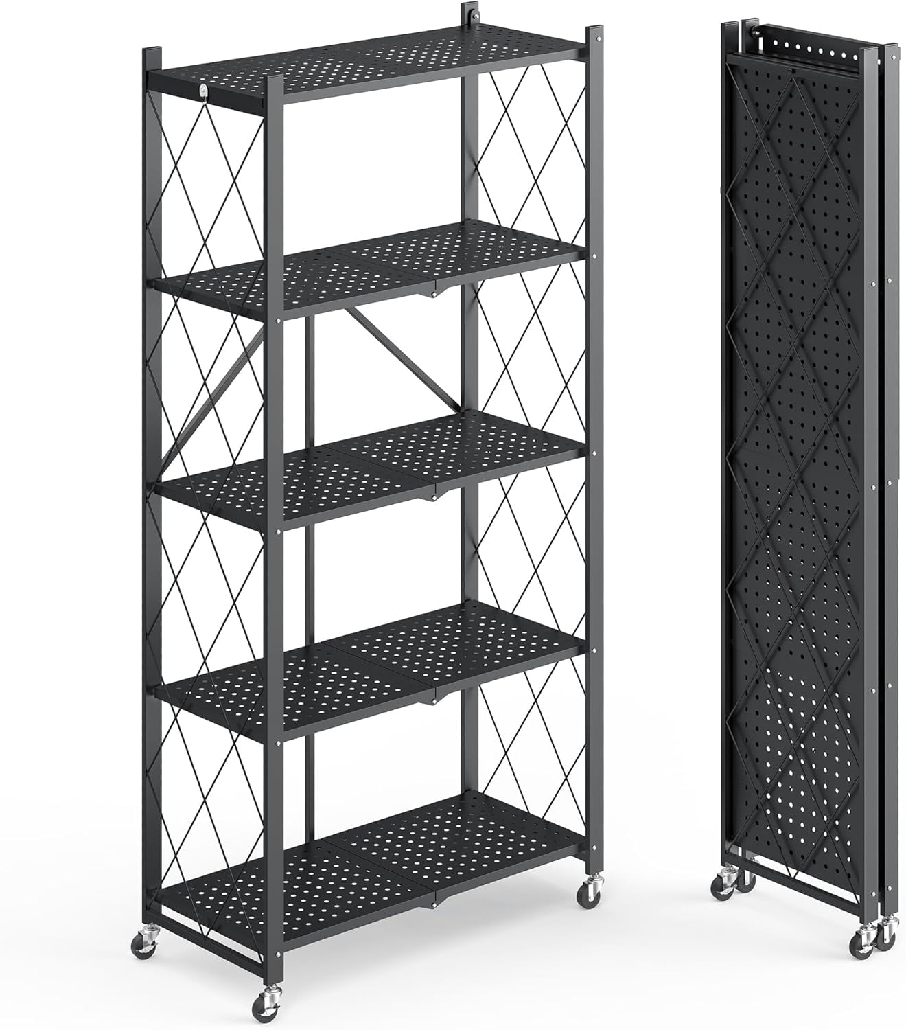 5 Tier Storage Shelf with Wheels - Metal Collapsible Shelving Unit ...