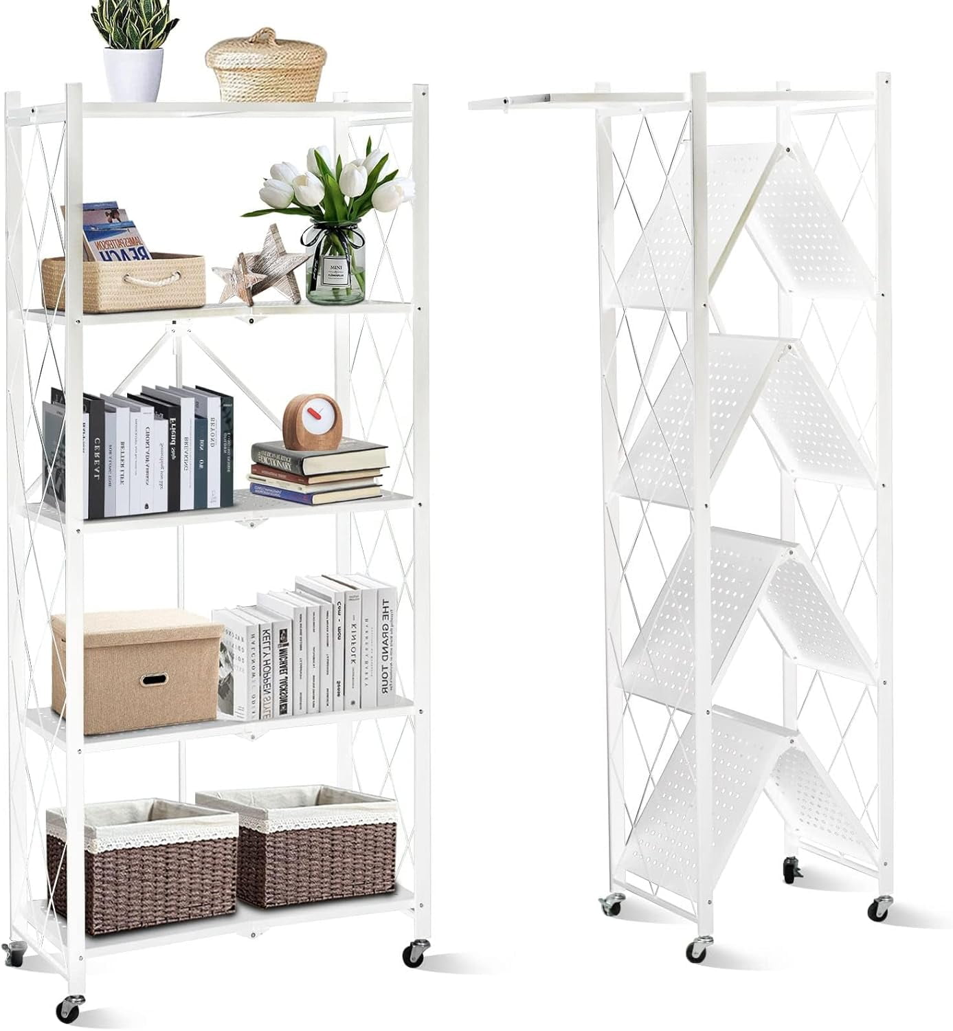 5 Tier Storage Shelf with Wheels - Metal Collapsible Shelving Unit ...