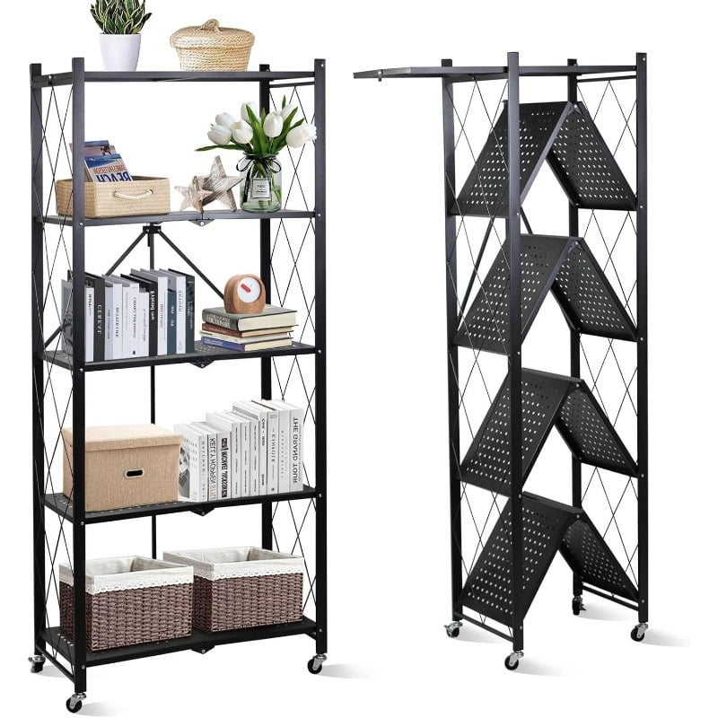 5 Tier Storage Shelf with Wheels - Metal Collapsible Shelving Unit ...