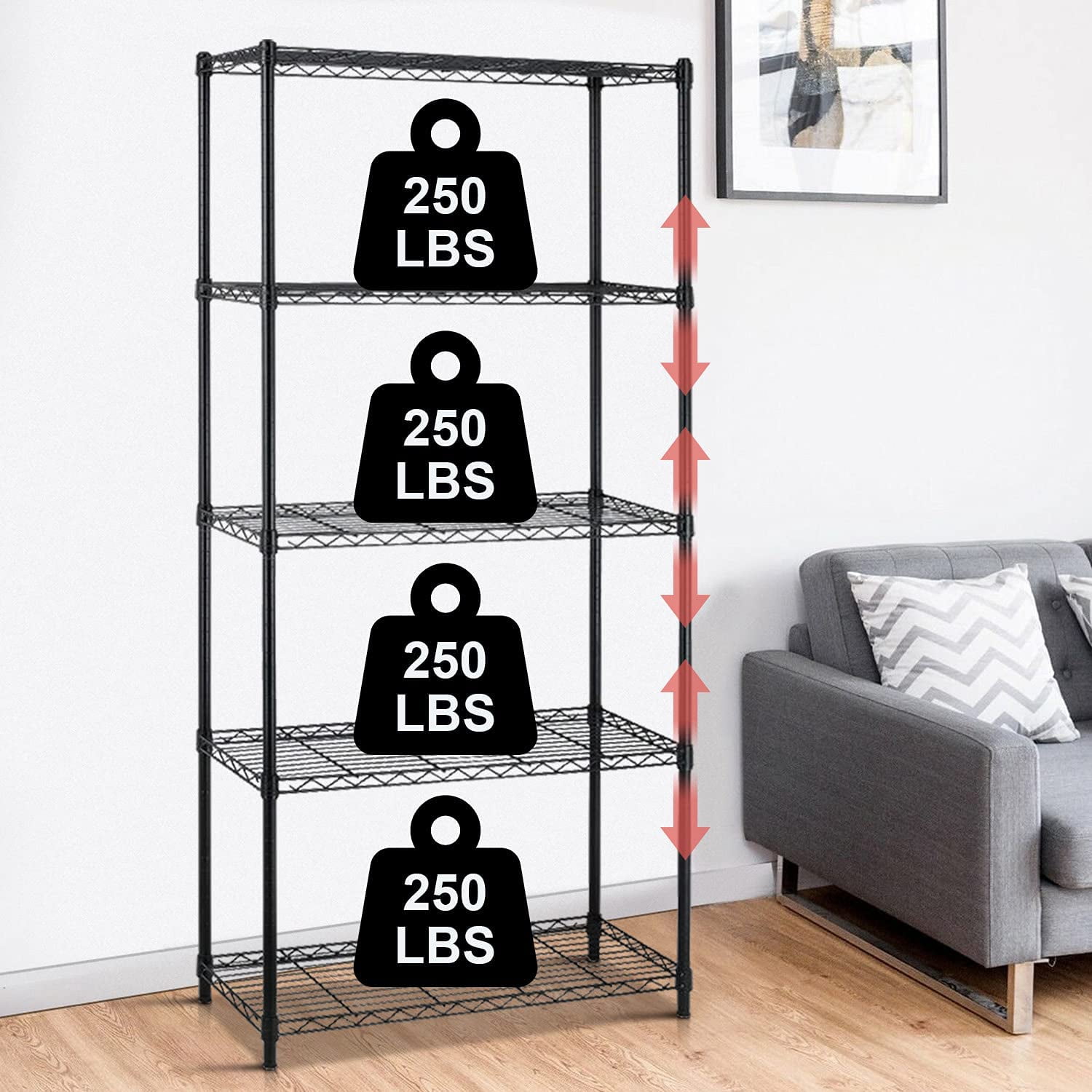 5 Tier Storage Shelves, 1250 Lbs Capacity Heavy Duty Wire Shelving Unit ...