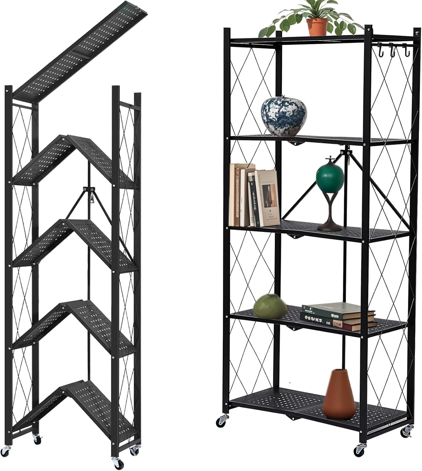 5 Tier Storage Shelves, Metal Collapsible Shelving Unit with Wheels ...