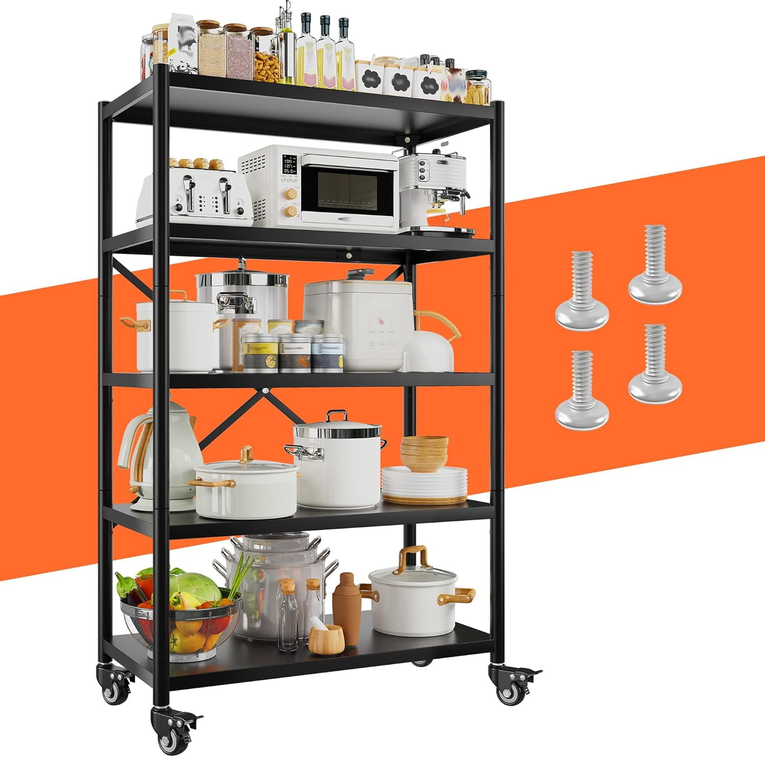 5 Tier Storage Shelves with Wheels, Heavy Duty Metal Shelving Unit with ...