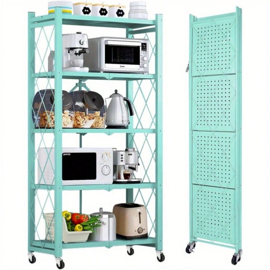 5-Tier Storage Shelving Unit With Hooks And Wheels, Standing Foldable ...