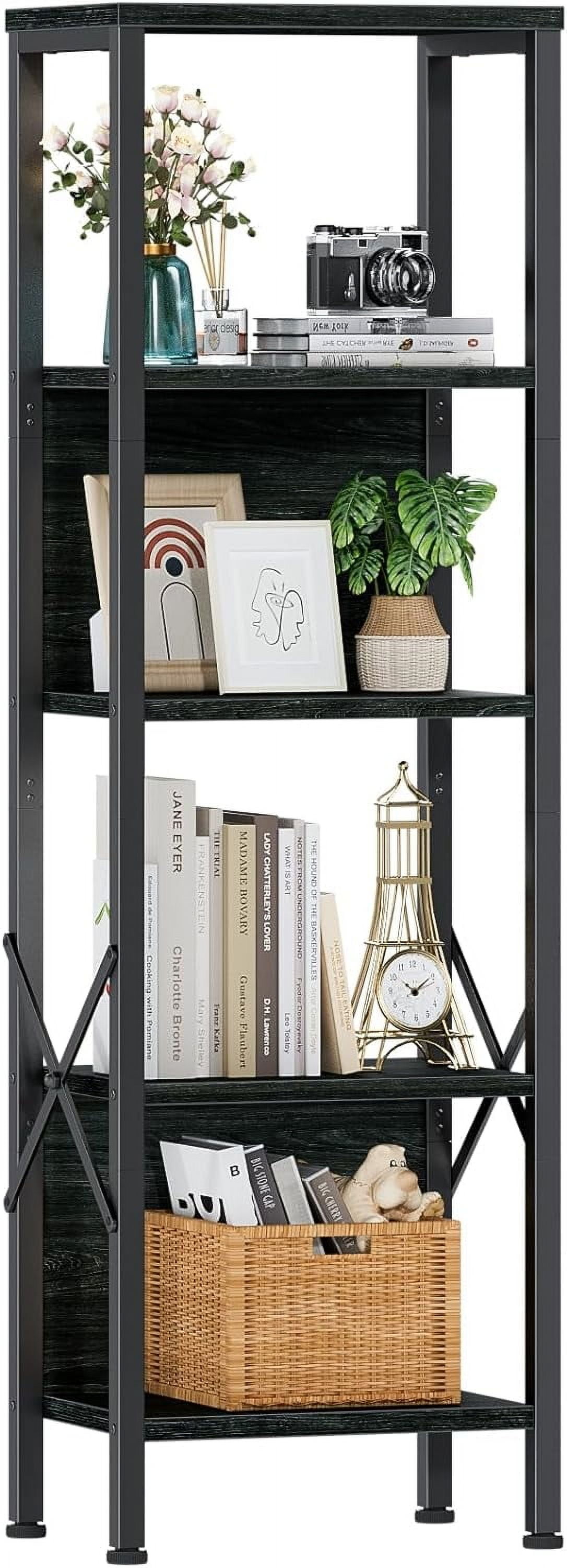 5 Tier Tall Bookshelf with Back, Industrial Narrow Bookcase, Display ...