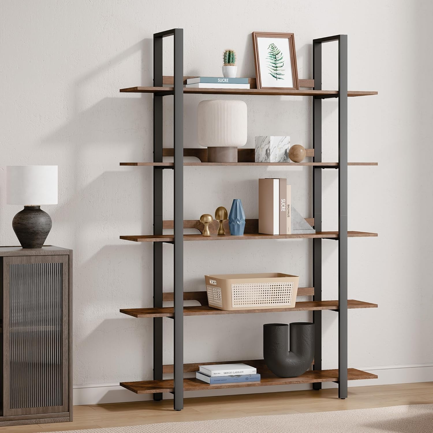 5-Tier Tall Bookshelf, Industrial Display Shelf with Reinforced Back ...