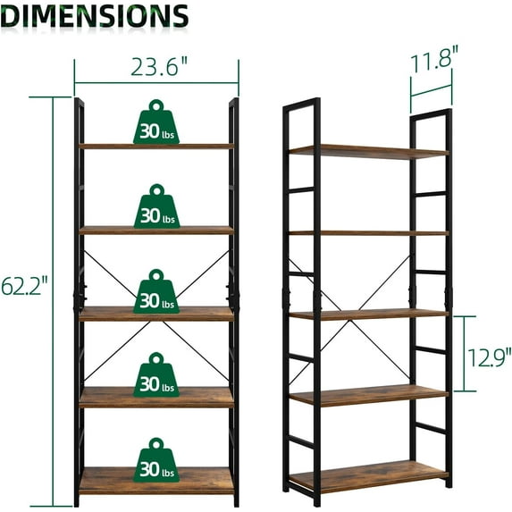 5-Tier Tall Bookshelf, Modern Vintage Bookcase Shelf Storage Organizer ...