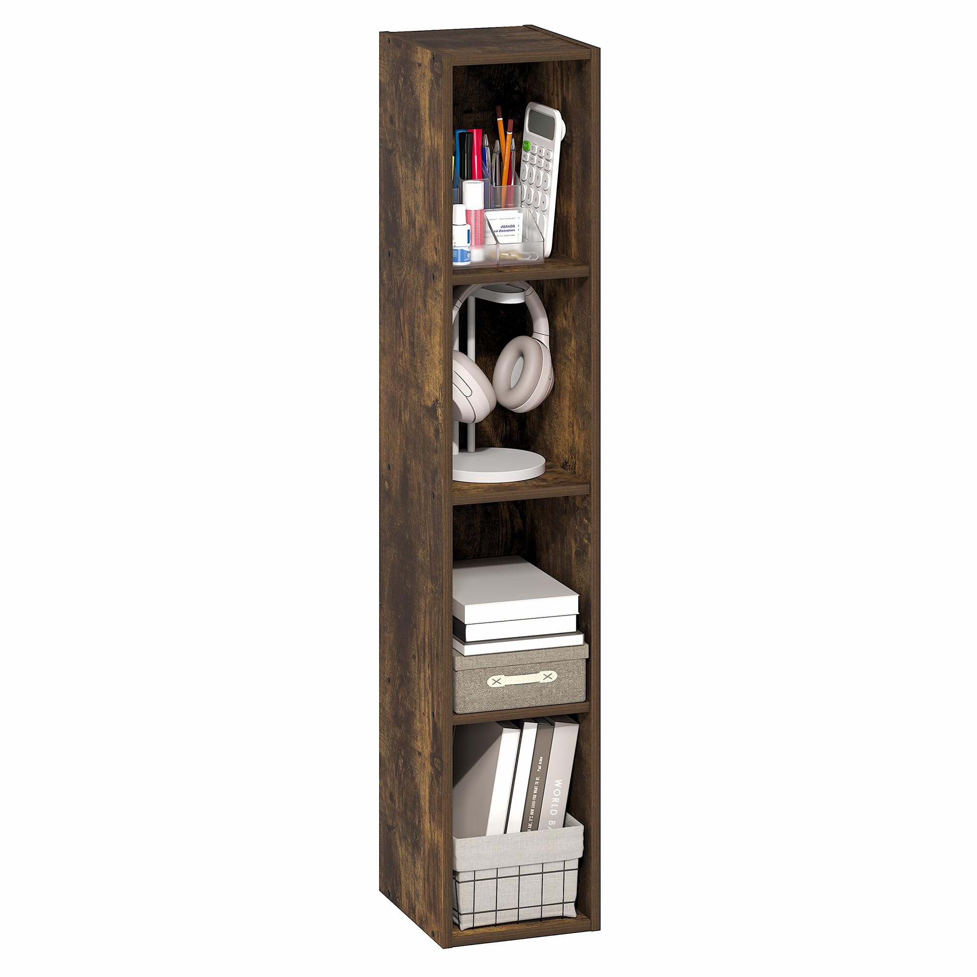 5-Tier Tall Narrow Book Shelf In Amber Pine, Standing Bookcase With 10 ...