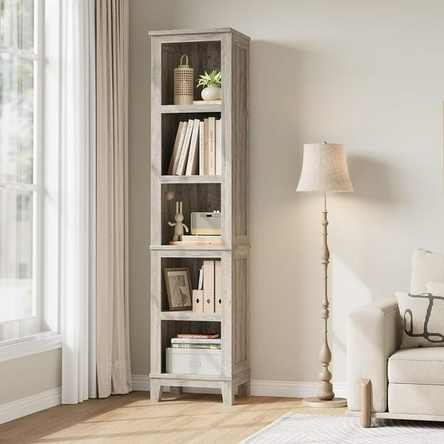 5-Tier Tall Narrow Bookcase, Farmhouse Wooden Bookshelf, Display ...