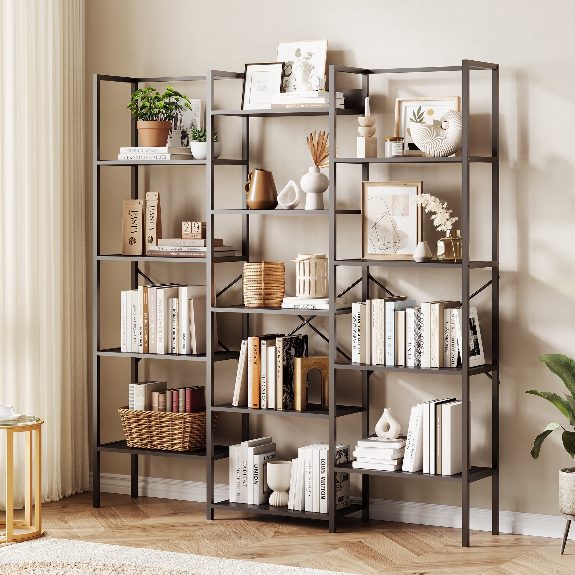 5-Tier Triple Bookshelf with 14 Adjustable Shelves Heavy Duty ...