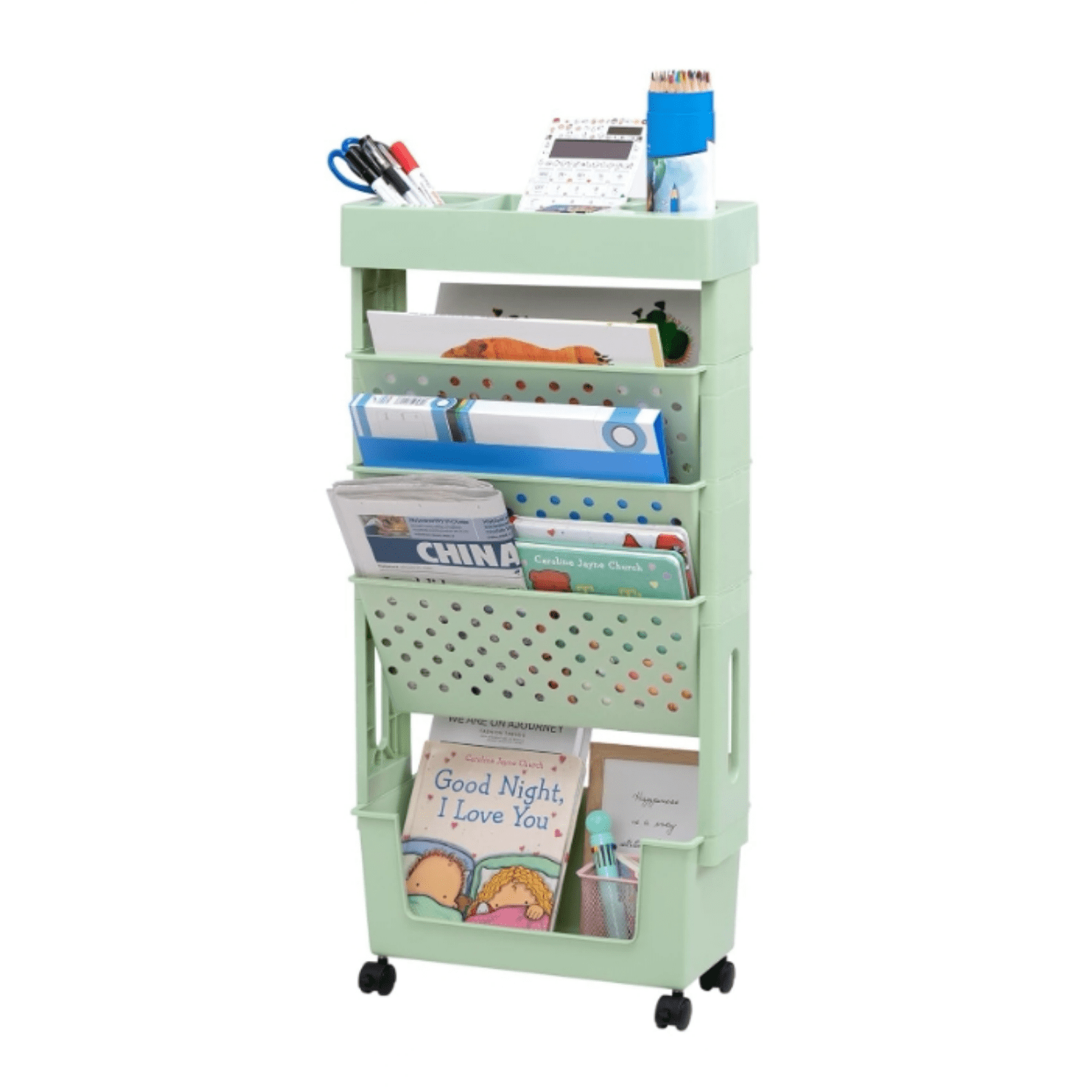 5 Tier Trolley Rolling Book Cart Mobile Bookshelf, Slide Out Storage ...