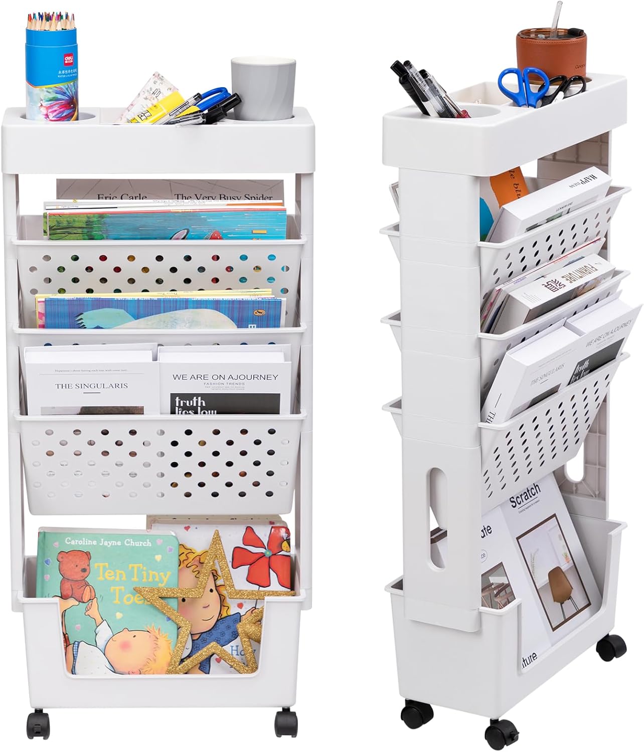 5 Tier Trolley Rolling Book Cart，Mobile Bookshelf, Slide Out Storage ...