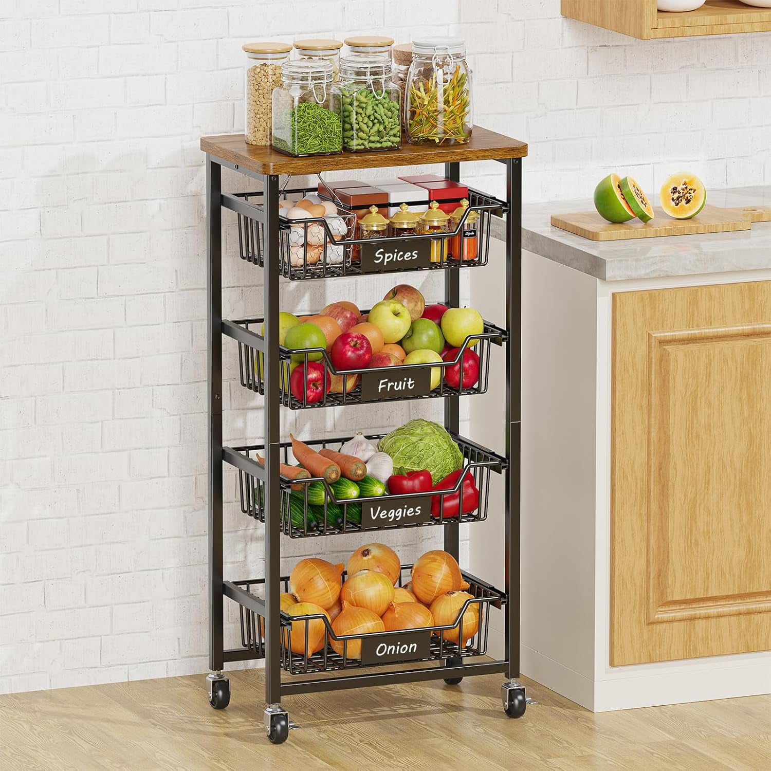 5-Tier Vegetable Fruit Basket Kitchen Storage Rolling Cart on Wheels ...