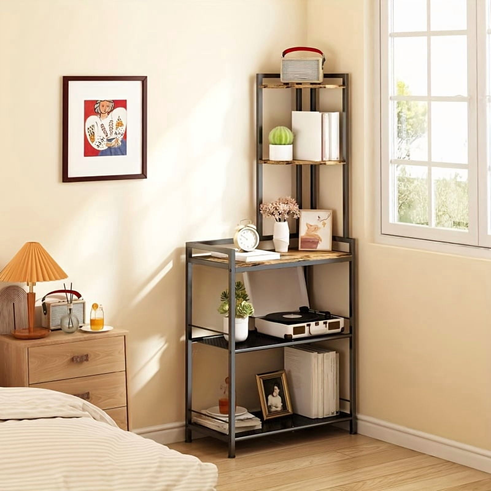 5-Tier Vintage Brown Corner Shelf, Stainless Steel Frame & Wood ...
